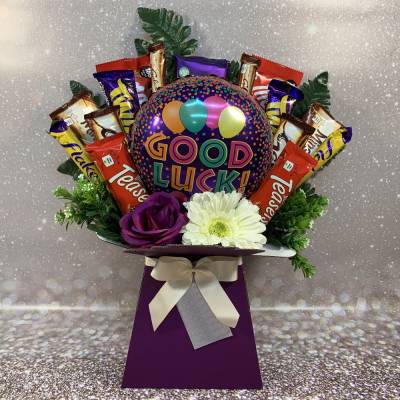 Good Luck Balloon and Flowers Chocolate Bouquet | Funky Hampers